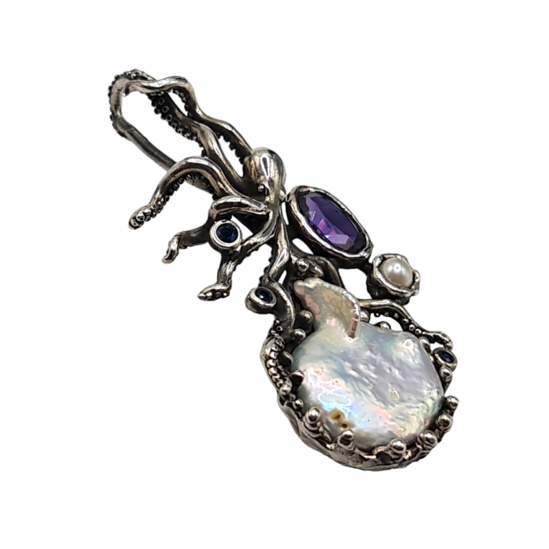 Pandant din argint cu perla baroc, turmalina si cz - Madammi.ro